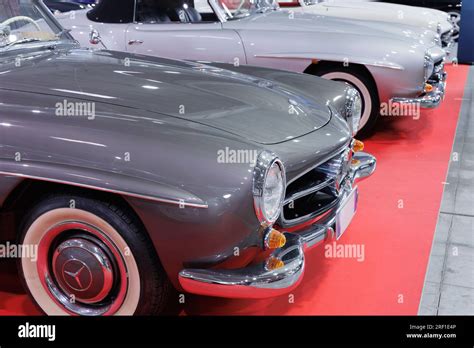 Gray Mercedes Vintage Car Shown In An Exhibition Classic Cars Theme