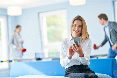 Adult Businesswoman Using Computer In Playroom Relax Zone 15859923 Stock Photo At Vecteezy