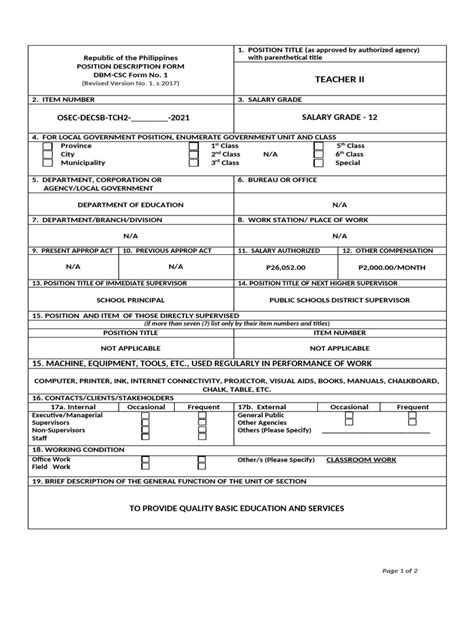 Cs Form No 1 Position Description Form Elem T2 Pdf