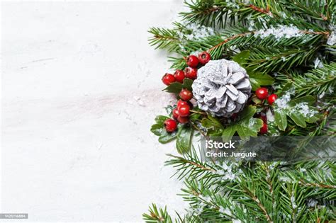 붉은 천연 산사 나무 열매로 장식 된 눈이있는 전나무 나뭇 가지와 밝은 페인트 배경에 흰색으로 채색 된 원뿔 0명에 대한 스톡 사진 및 기타 이미지 Istock