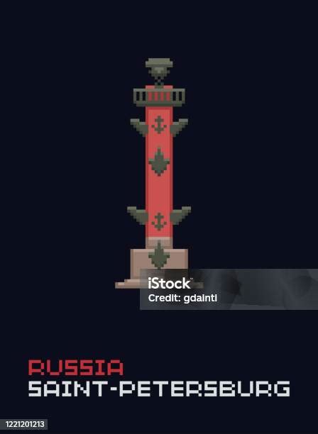 픽셀 아트 벡터 일러스트 플랫 스타일 세련 된 다채로운 랜드 마크입니다 로스트랄 칼럼 간단한 8비트 아이콘 러시아 상트페테르부르크의 상징 등대에 대한 스톡 벡터 아트 및