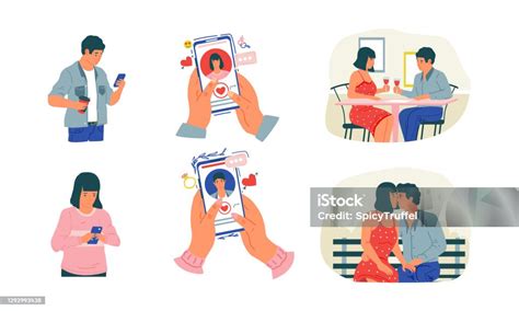 데이트 응용 프로그램 만화 남자와 여자 찾고 부부와 지인 회의 및 통신을 위한 모바일 애플리케이션 관계 개발의 귀여운 단계 온라인 서비스 벡터 세트 Brand Name