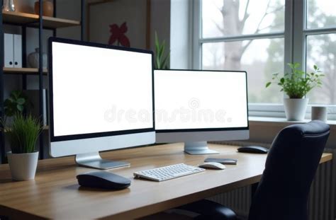 Modern Workspace With Dual Monitors Keyboard And Plant Decor In A