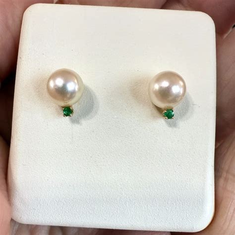 14k Yellow Gold 65mm Pearl And Small Emerald Post Earrings Ebay