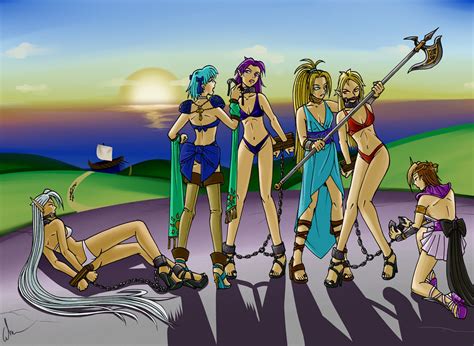 Xbooru 6girls Arms Behind Back Blonde Blue Hair Chained Stocks