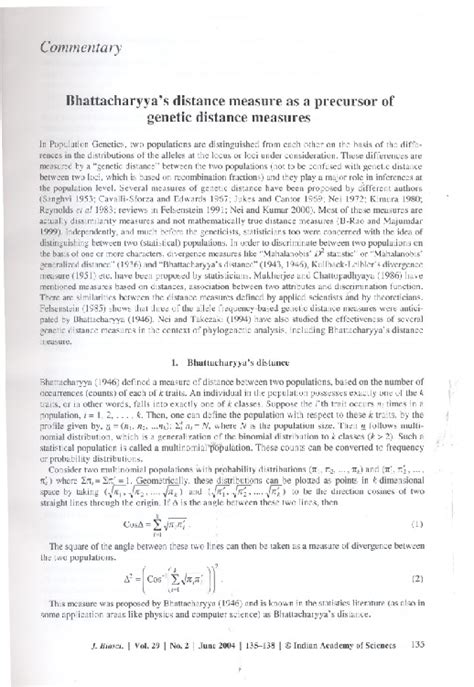 Pdf Bhattacharyyas Distance Measure As A Precursor Of Genetic Distance Measures