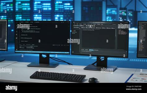 Lines Of Code Running On Computer Screens In Data Center Used For