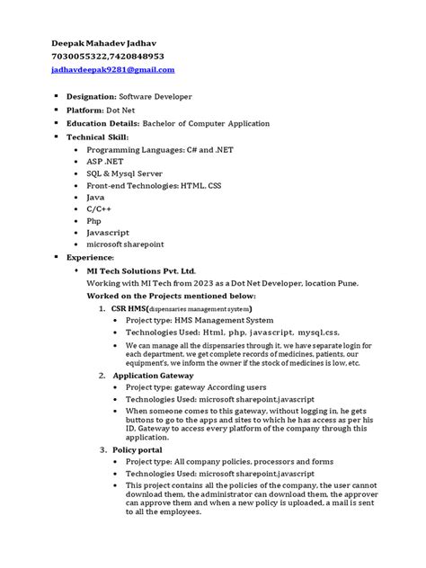 Resume Deepak Jadhav Net Developer Pdf My Sql C Sharp