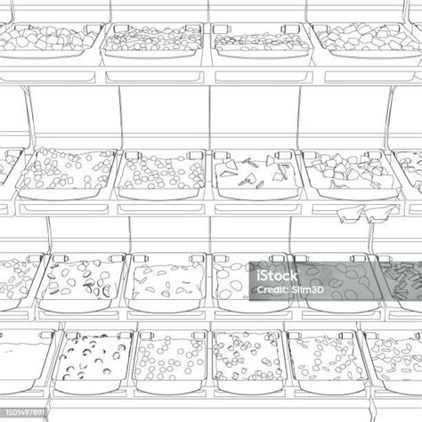 식료품 시장 카운터 슈퍼마켓 쇼케이스 및 계산대 개요를 설명합니다 식료품점 고객 트롤리와 상품 선반 벡터 그림 슈퍼마켓 내부