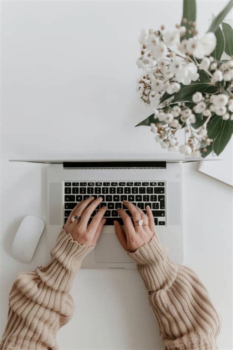 Woman Types On Laptop Keyboard Stock Image Image Of Computer White 312050575