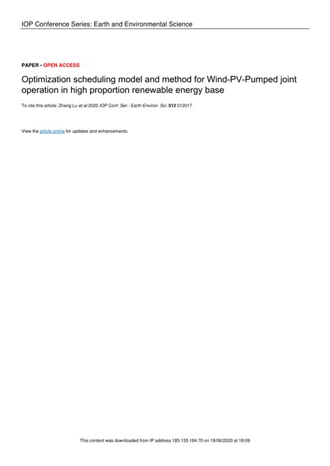 Pdf Optimization Scheduling Model And Method For Wind Pv Pumped Joint Operation In High