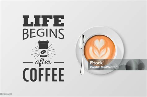 벡터 3d 사실적인 화이트 메탈 에나멜 머그잔 과 거품 커피 카푸치노 라떼 고립 타이포그래피 인용문이 있는 커피 컵 커피에 대한 문구 스톡 일러스트레이션 디자인 템플릿입니다