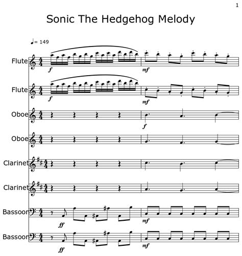 Sonic The Hedgehog Melody Sheet Music For Flute Oboe Clarinet Bassoon