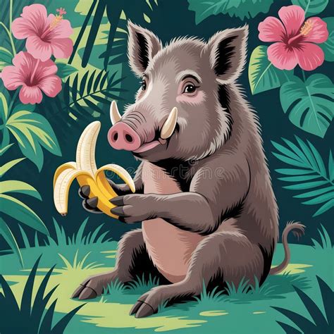 Forest Scene Realistic Illustration Of A Wild Boar With Tusks And A