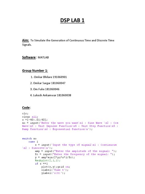 Dsp Lab 1 To Simulate The Generation Of Continuous Time And Discrete Time Signals Pdf