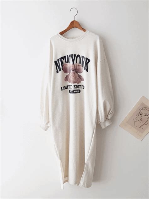 귀여워 뒹굴 곰돌이 베어 프린트 낙낙 박시 루즈핏 옆트임 데일리 꾸안꾸 홈웨어 파자마 주말룩 코튼 면 롱 원피스