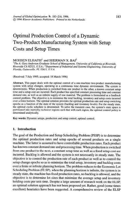 Pdf Optimal Production Control Of A Dynamic Two Product Manufacturing