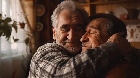 An Adult Son Hugging His Senior Father Indoors At Home Premium Ai