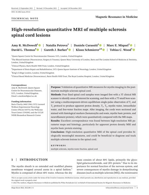 Pdf High‐resolution Quantitative Mri Of Multiple Sclerosis Spinal