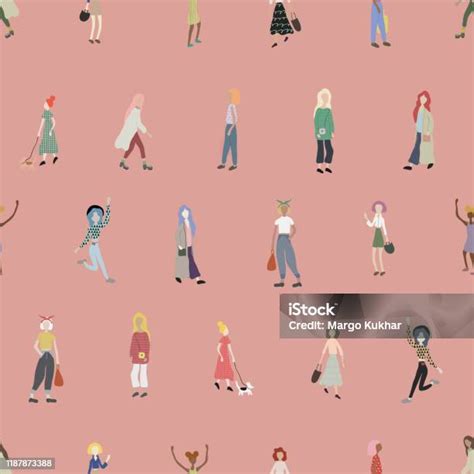 개와 함께 걷는 사람들의 군중 서 춤 쇼핑 분홍색 배경에 고립 된 여성 캐릭터 도시 거리에서 여성 활동 벡터 그림입니다 플랫 만화 스타일입니다 원활한 패턴 가공의 인물에