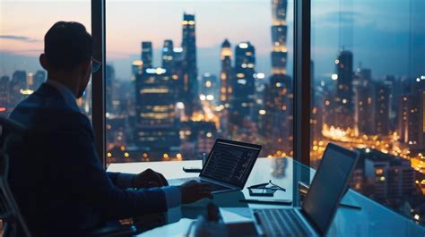 Back View Of Business Man Working While Using Computer At Night Office