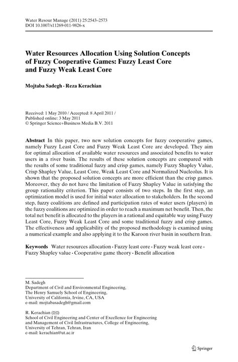 Pdf Water Resources Allocation Using Solution Concepts Of Fuzzy Cooperative Games Fuzzy Least