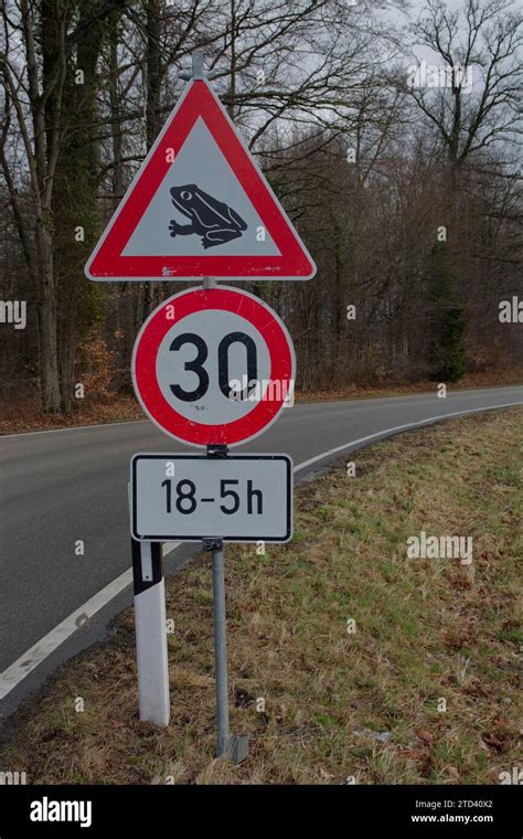 Temporary Traffic Sign Toad Migration In Spring Speed Limit Speed Restriction Schwaebisch