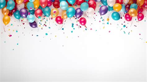 색 배경 에 있는 다채로운 풍선 과 콘페티 프리미엄 사진