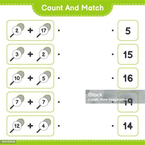 카운트와 매치 테니스 라켓의 수를 계산하고 올바른 숫자와 일치 교육 어린이 게임 인쇄 가능한 워크 시트 벡터 일러스트 레이 션 0명에 대한 스톡 벡터 아트 및 기타 이미지