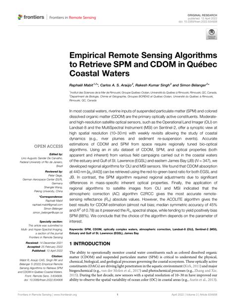 Pdf Empirical Remote Sensing Algorithms To Retrieve Spm And Cdom In Québec Coastal Waters