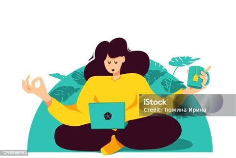 연꽃 자세를 취하고 있는 다무장 소녀는 노트북에서 일하고 명상하고 차를 마십니다 멀티 태스킹 일과 휴식 균형 조화의 개념 개념에 대한 스톡 벡터 아트 및 기타 이미지