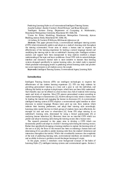 Pdf Architecture For An Intelligent Tutoring System That Considers
