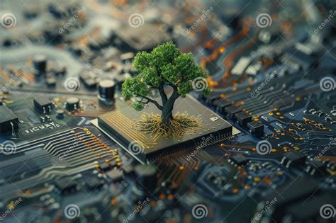 A Green Tree Growing On A Microchip Symbolizing The Integration Of