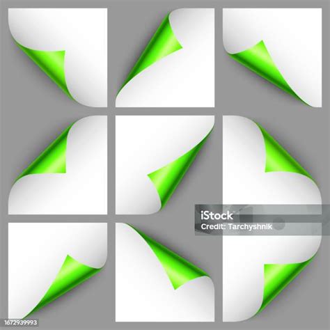 녹색 종이 컬 세트입니다 그림자가 있는 구부러진 페이지 모서리입니다 빈 종이입니다 화려한 반짝이는 호일 광고 및 판촉을 위한 디자인 요소 벡터 그림입니다 가장자리에 대한