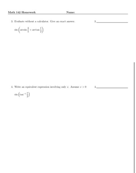 solved math 142 homework name 3 evaluate without a
