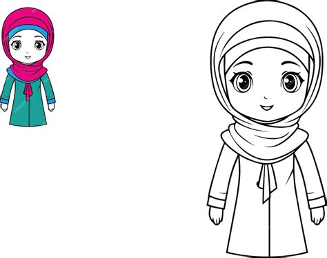 Premium Vector Cute Happy Muslim Girl Wearing Hijab With Line Art