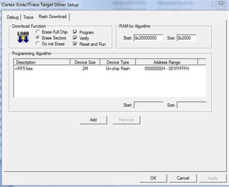 correct settings for cortex jlink jtrace target driver setup nrf51 dk