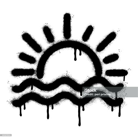 스프레이 페인티드 그래피티 일몰 아이콘 흰색 배경으로 격리된 스프레이 흰색 위에 검은색으로 오버레이 스프레이가 있는 그래피티 일출 기호 0명에 대한 스톡 벡터 아트 및 기타