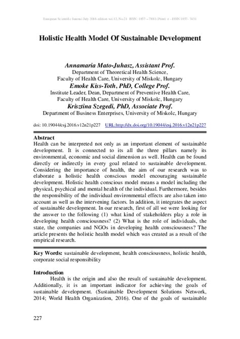 Pdf Holistic Health Model Of Sustainable Development