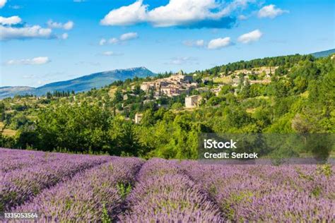 프랑스 프로방스알프스코트 다쥐르를 배경으로 한 라벤더 밭과 오렐 마을 프로방스 알프스 코트다쥐르에 대한 스톡 사진 및 기타