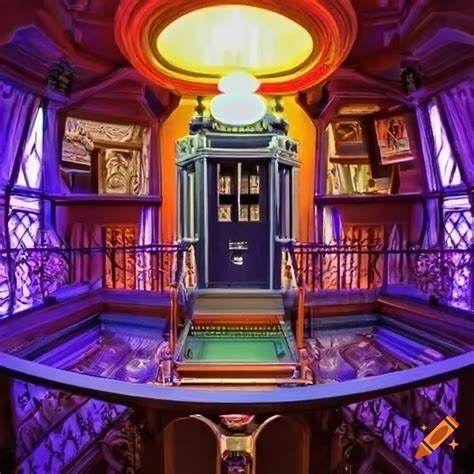 Colorful Tardis Console Room With Glass Core And Grand Staircase