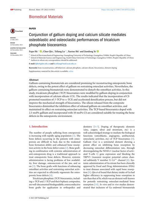 Conjunction Of Gallium Doping And Calcium Silicate Mediates Osteoblastic And Osteoclastic