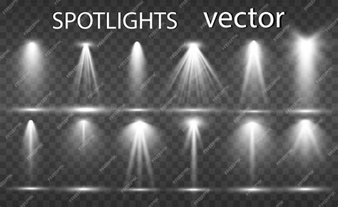 무대 조명 조명 투명 효과를위한 서치 라이트 컬렉션 스포트라이트가있는 밝고 아름다운 조명 프리미엄 벡터