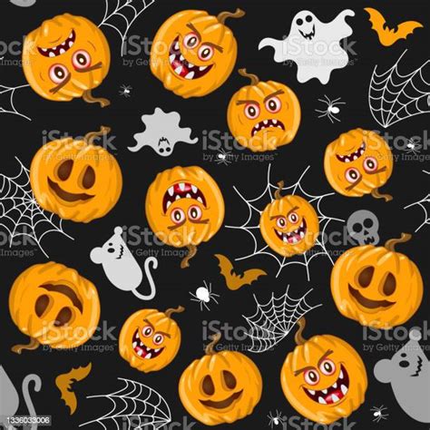 할로윈 디자인에 대한 원활한 벡터 패턴 할로윈 기호 호박 거미 유령 만화 스타일의 박쥐 벡터 일러스트레이션 10월에 대한 스톡 벡터 아트 및 기타 이미지 Istock