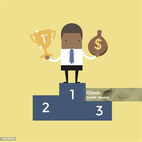 트로피와 돈 가방을 들고 우승 연단에 서 아프리카 사업가 트로피에 대한 스톡 벡터 아트 및 기타 이미지 트로피 승리 동작 활동 자신감 Istock