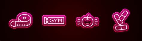 세트 라인 줄자 위치 체육관 사과 및 비타민 알약 빛나는 네온 아이콘입니다 벡터 건강한 생활방식에 대한 스톡 벡터 아트 및 기타