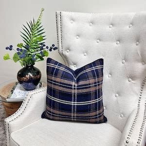 Navy Plaid 100 Wool Designer Fabric Handcrafted Decorative Pillow