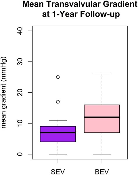 boxplot of mean transprosthetic gradient at 1 year follow up after tavr