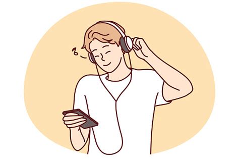 이어폰을 입은 웃는 남자는 모바일에서 음악을 듣습니다 음악에 대한 스톡 벡터 아트 및 기타 이미지 음악 Brand Name Smart Phone 개념 Istock