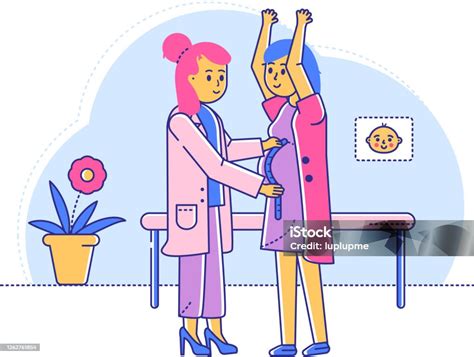 여성 임신 캐릭터 치료사 의사 약속 라인 여성 산부인과 는 흰색 평면 벡터 일러스트레이션에 고립 된 테스트를 실시합니다 가정의 방에 대한 스톡 벡터 아트 및 기타 이미지